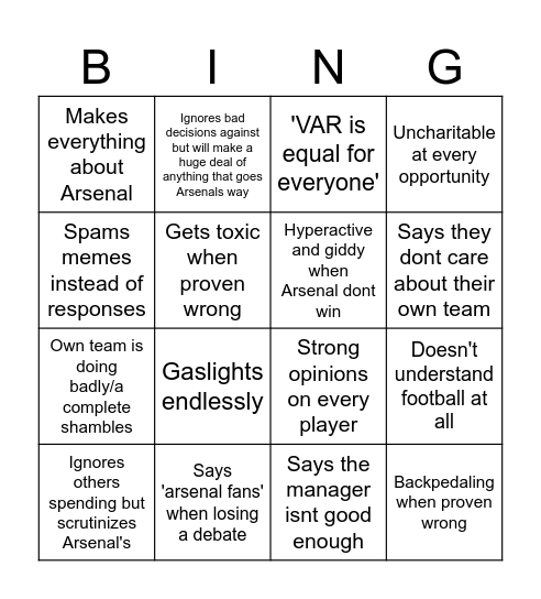 Arsenal hater bingo card Bingo Card