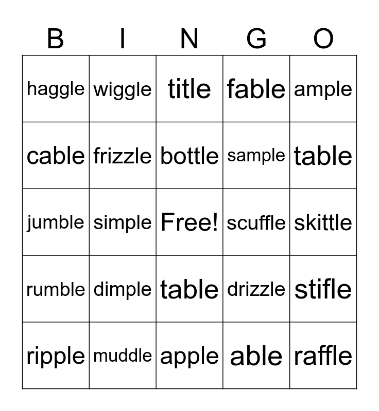 Consonant -le Bingo Card