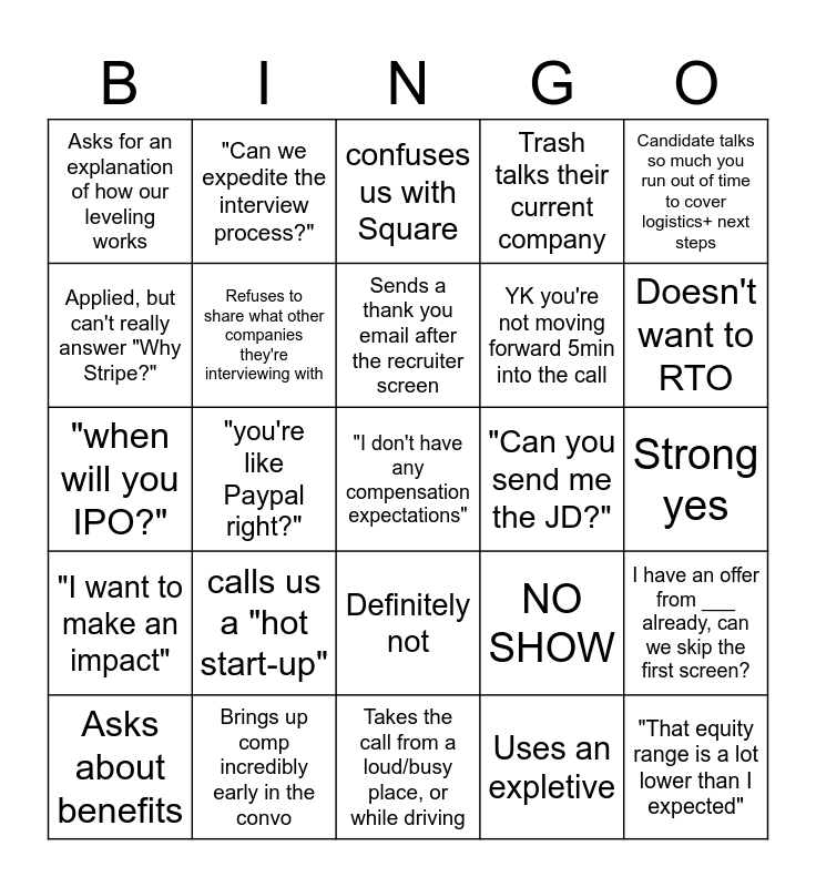 Recruiter Screen Bingo Card