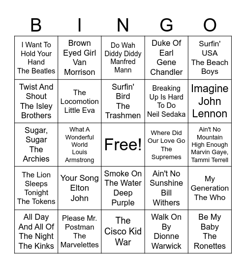 60s & 70s Music Bingo Card