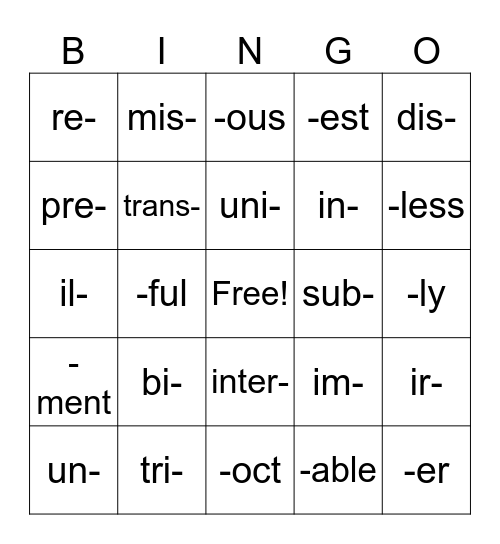 Prefix-Suffix BINGO Card