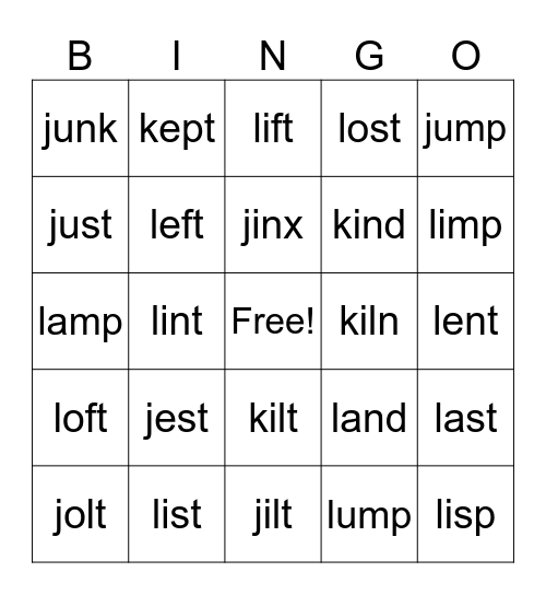 CVCC words - j, k, l Bingo Card