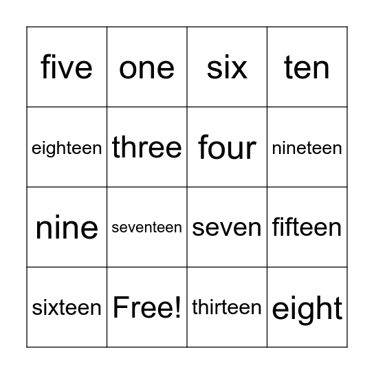 NUMBERS 0-20 Bingo Card