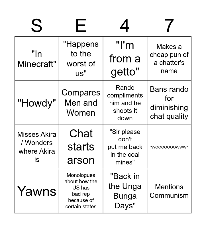 The Speede47 Bingo Card