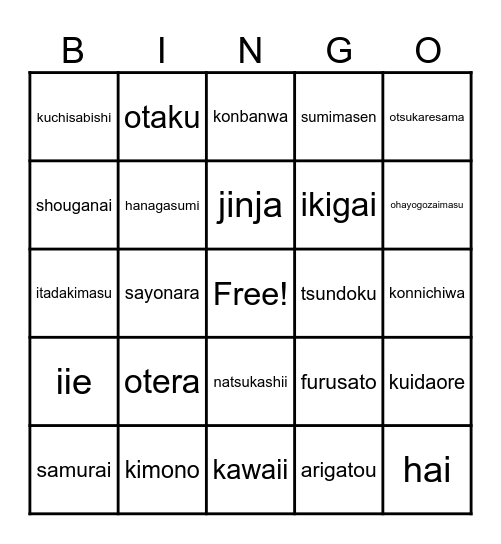 Japanese Words and Phrases Bingo Card