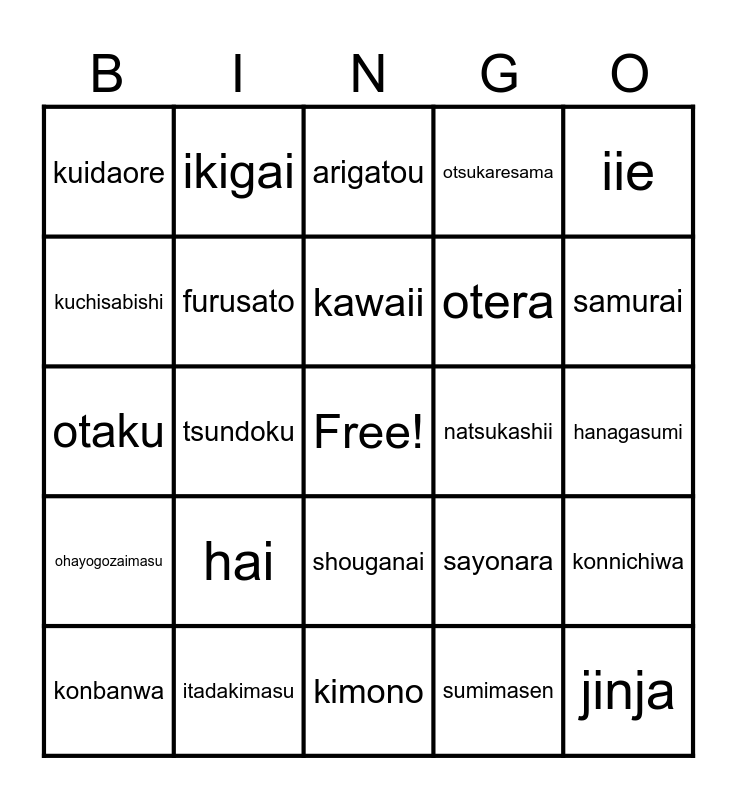 Japanese Words and Phrasese Bingo Card