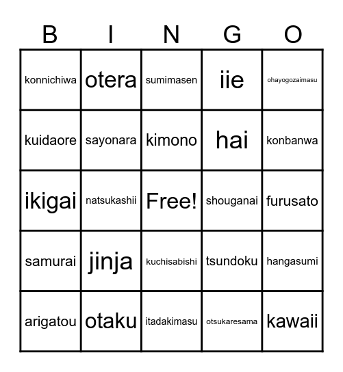 Japanese Words and Phrases Bingo Card