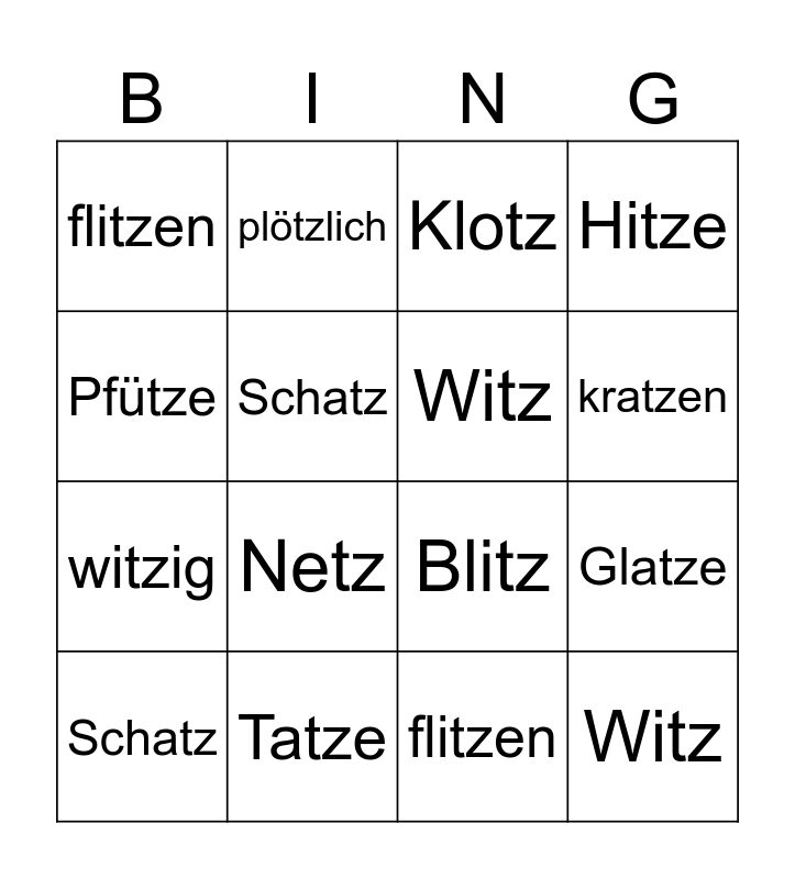 Wörter mit tz Bingo Card
