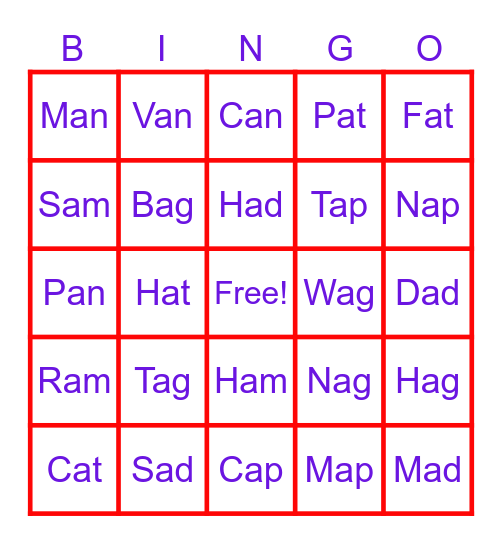 Short A Vowels Bingo Card