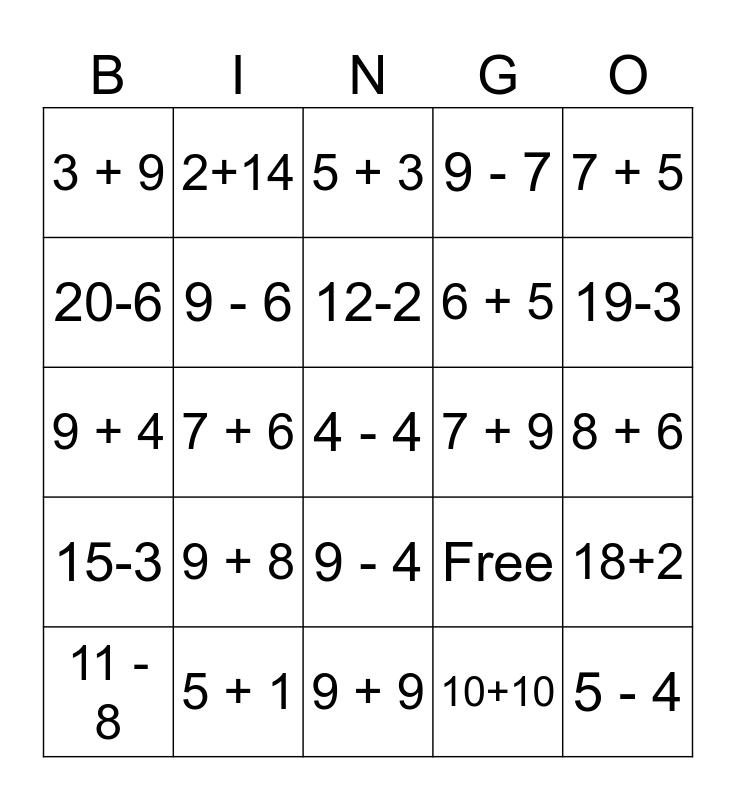 MATH BING0 Bingo Card