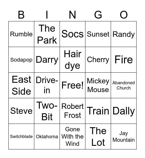 The Outsiders Bingo Card