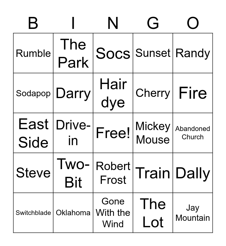 The Outsiders Bingo Card