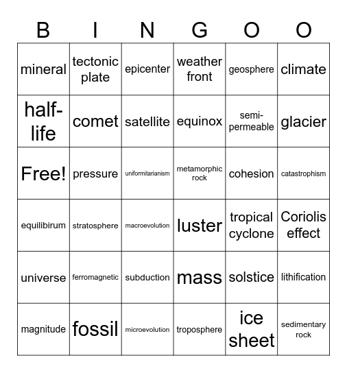 Earth Science Bingo Card