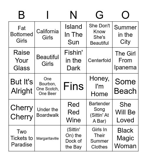 Babes, Beaches & Booze Songs Bingo Card