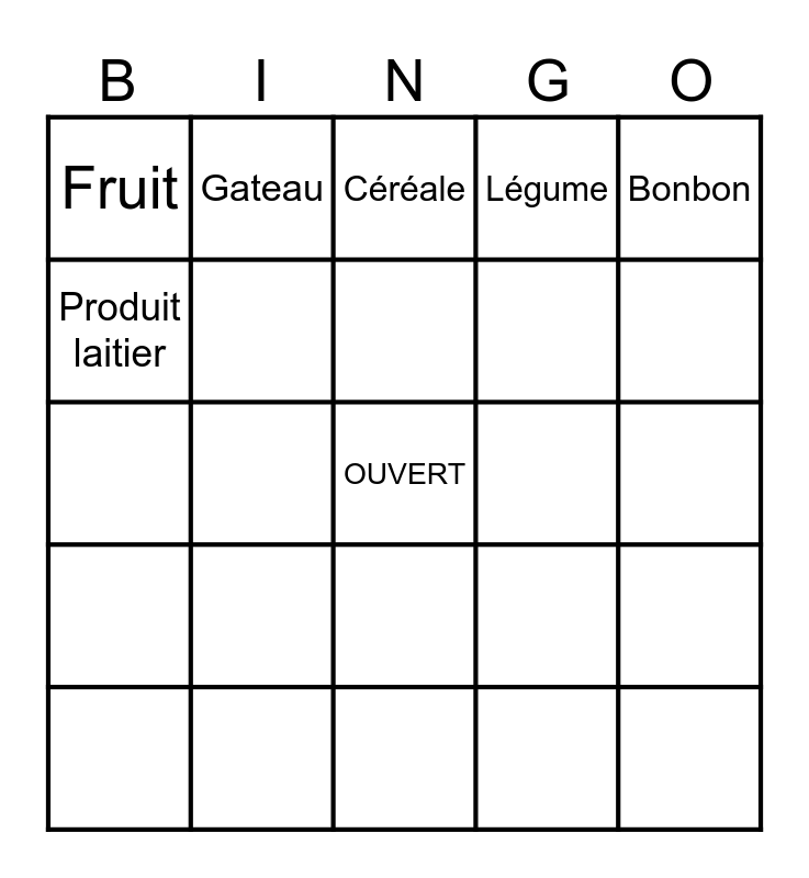La nourriture Bingo Card