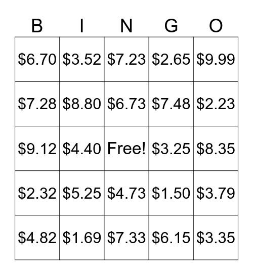 PRICES Bingo Card