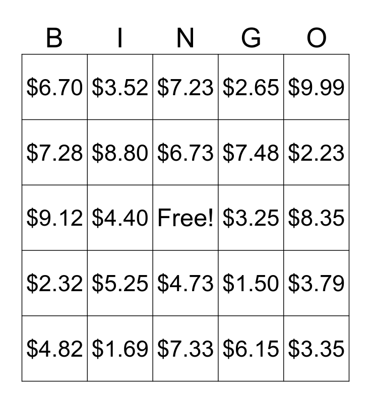 PRICES Bingo Card