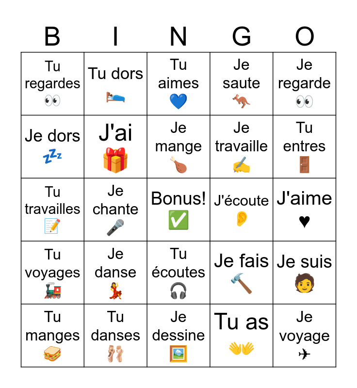 Les verbes en -ER Bingo Card