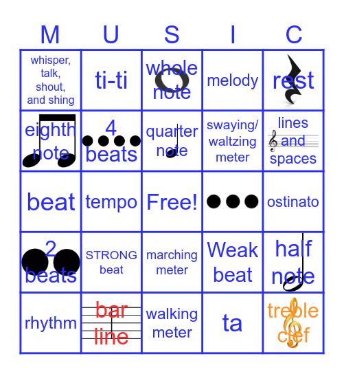 1st Grade Music Bingo Card