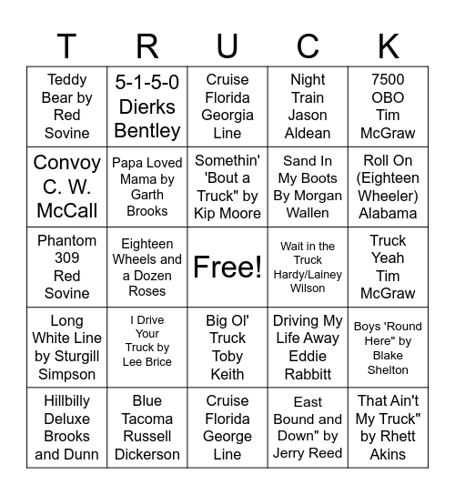 Songs with Trucks Bingo Card