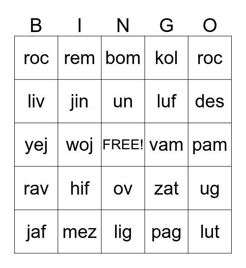 Nonsense Word Bingo Card