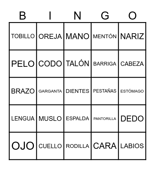 Bingo PARTES DEL CUERPO Bingo Card