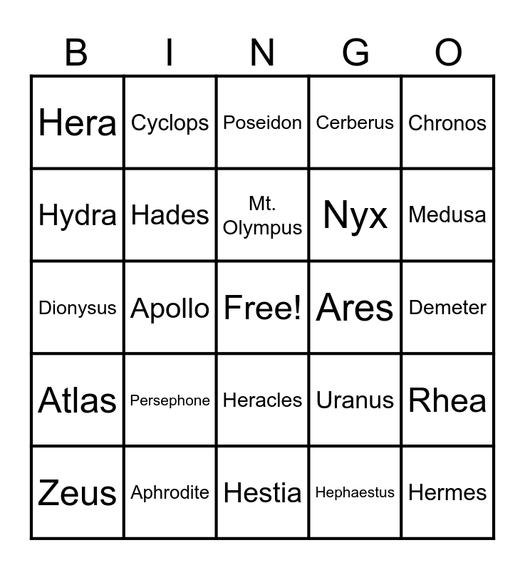 Greek Mythology Bingo Card