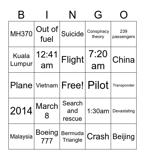 Missing flight Bingo Card