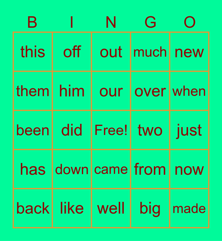 GREEN & ORANGE WORDS Bingo Card