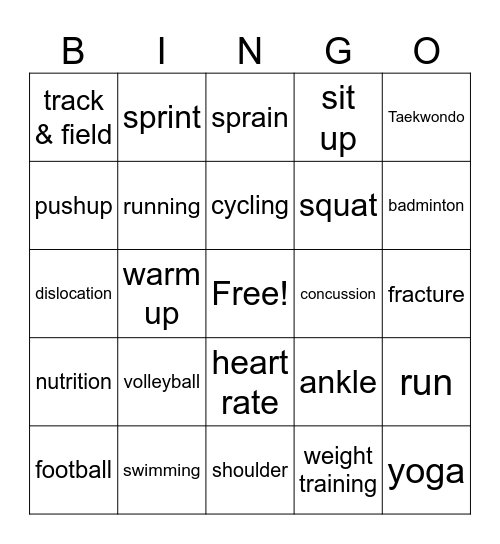 PE Online Class Bingo Card