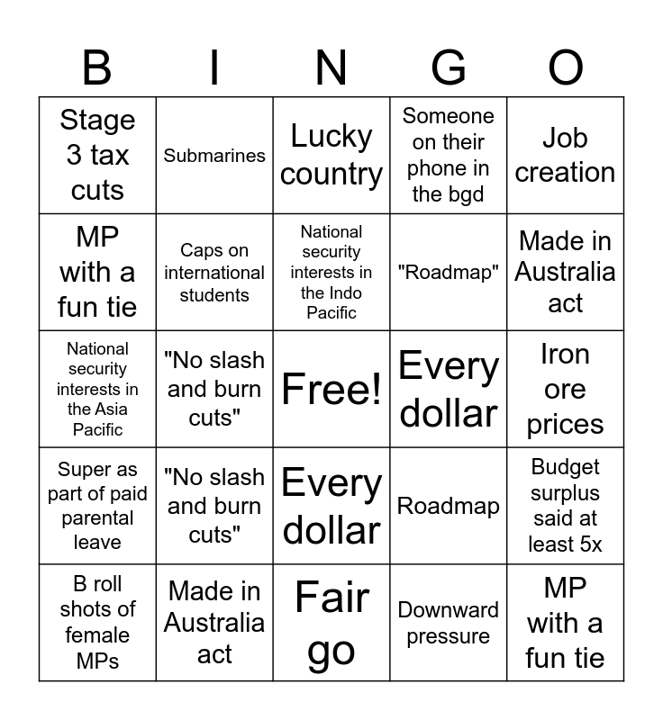 Federal budget 2024-25 Bingo Card
