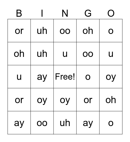 Vowel Sounds Bingo Card