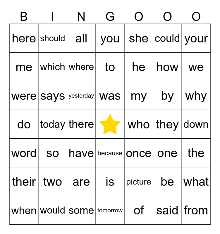 First Grade Tricky Words Bingo Card