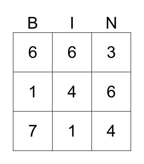 bingo number 1-6 Bingo Card