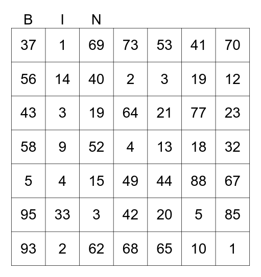 bingo number 1-100 Bingo Card