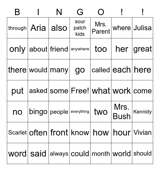 Sight Word Bingo Card
