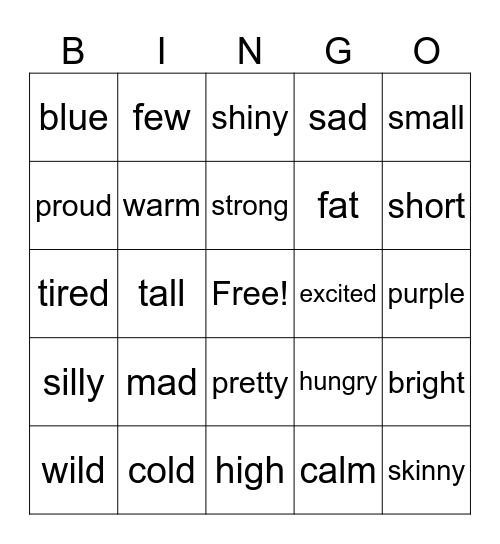Adjectives Bingo Card