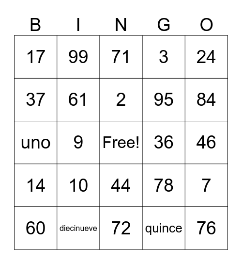 Spanish numbers 1 - 20 Bingo Card