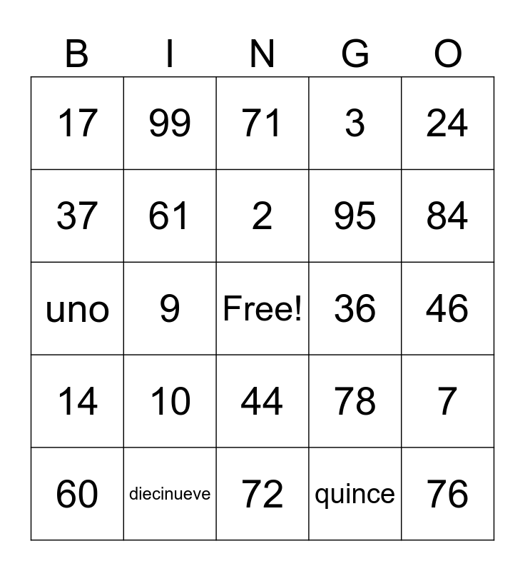 Spanish numbers 1 - 20 Bingo Card
