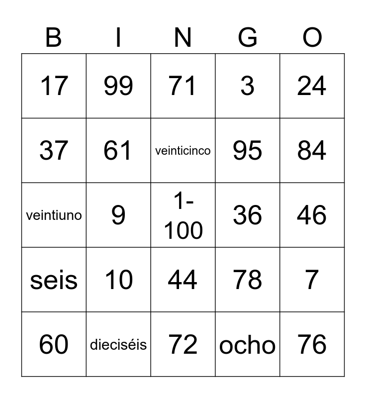 Spanish Numbers 0-30 and numbers 1-100 Bingo Card