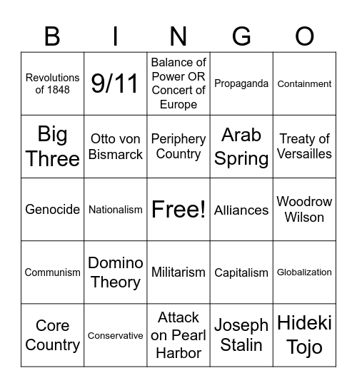 MWH Final Exam Review Bingo Card