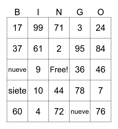Spanish Numbers 1-10 Bingo Card