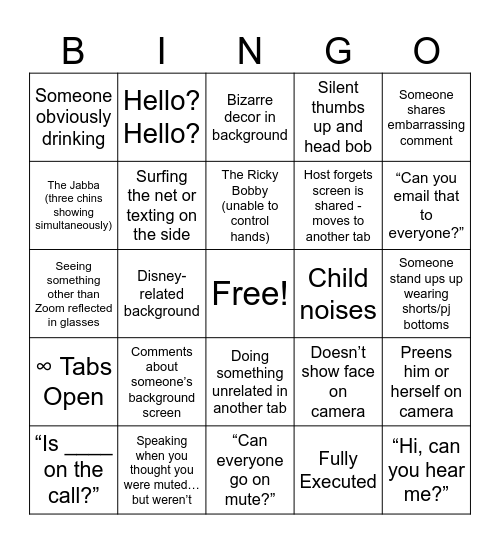Zoom Meeting Bingo Card