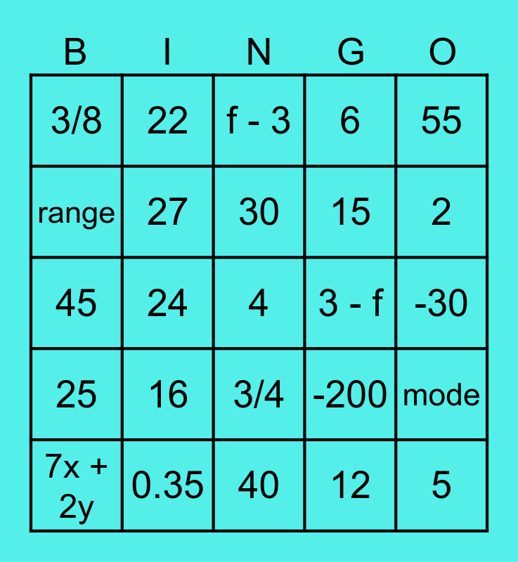 6th Grade Bingo Math Review! Participate Please! Bingo Card