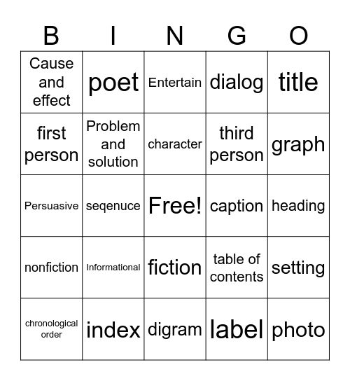 4 grade reading Bingo Card