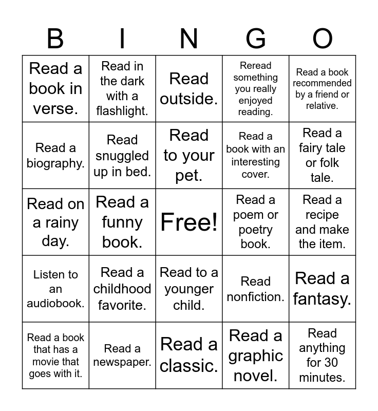 BRMS Summer Reading Bingo Card