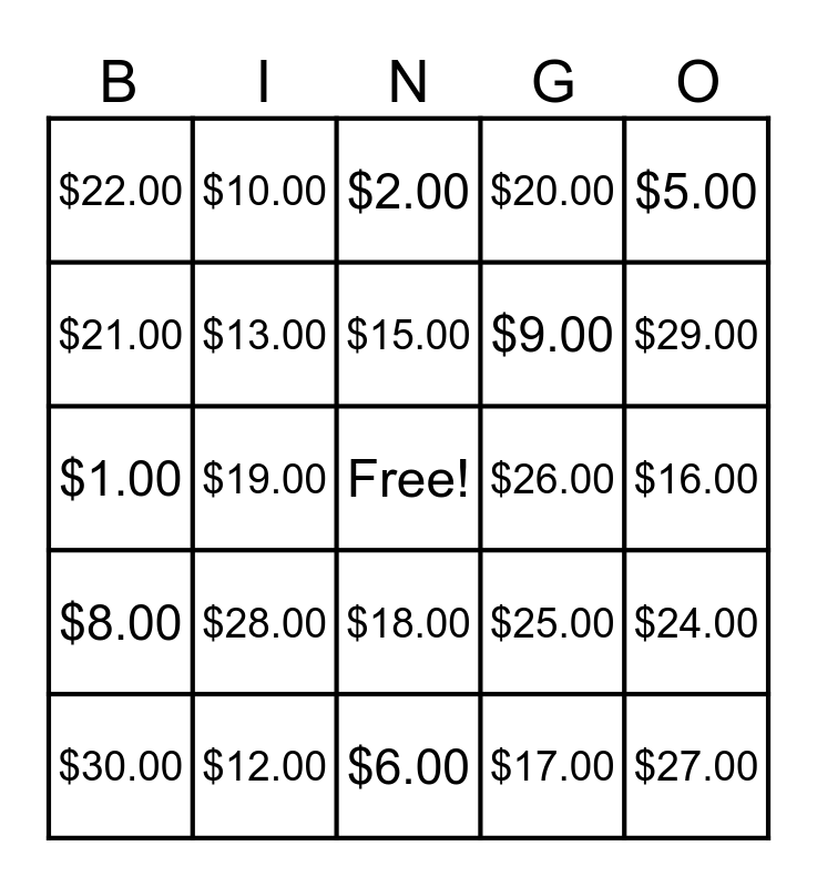 Find the Next Dollar Amount Bingo Card
