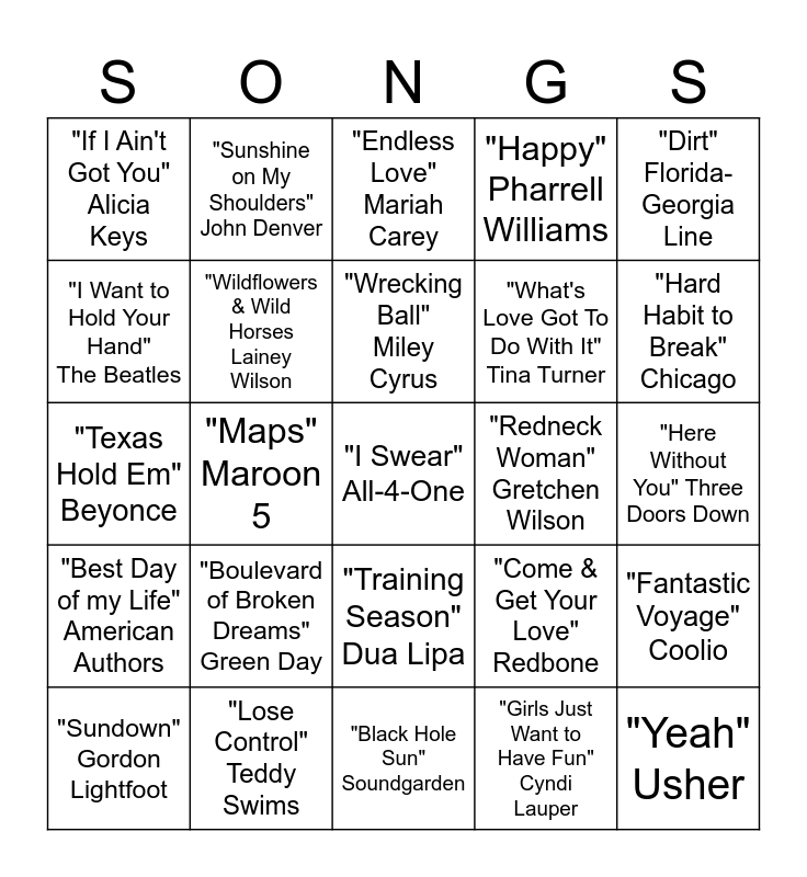 Song Bingo Card