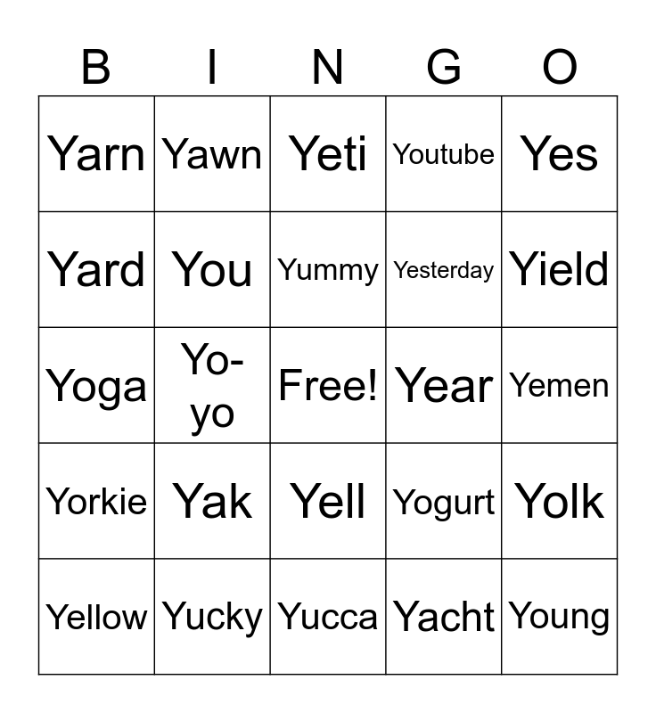 Initial Y bingo Card