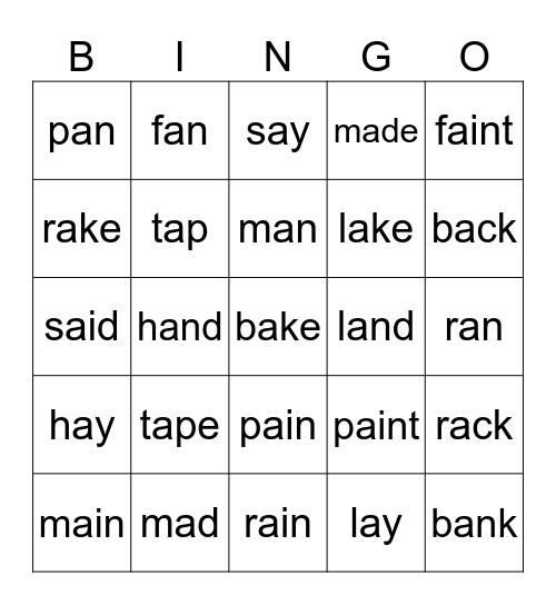 Short A and Long A Bingo Card